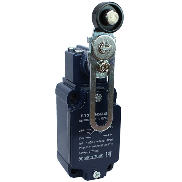Путевой выключатель Электротехник ВП 36-2545М-66 У2, рычаг с пластиковым роликом, регулируемый по длине, 1з+1р, инерционный, 30х60 мм, без сальника, 3А, IP66, ET007280