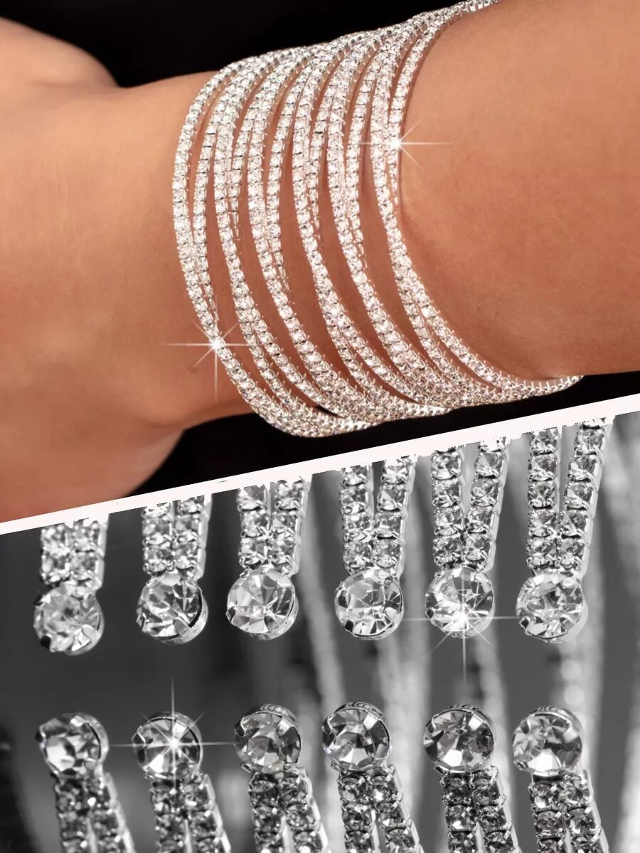 Незамкнутый браслет, металл, алмазное стекло, фианит, горный хрусталь, кристалл, стразы