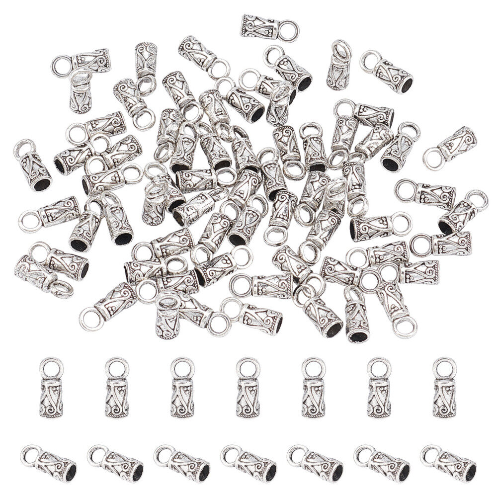 Концевики 14х5мм (внутренний размер 3.8мм), клеевые, с орнаментом, для шнура, базовый материал - оловянный сплав, стиль тибетское серебро, пара