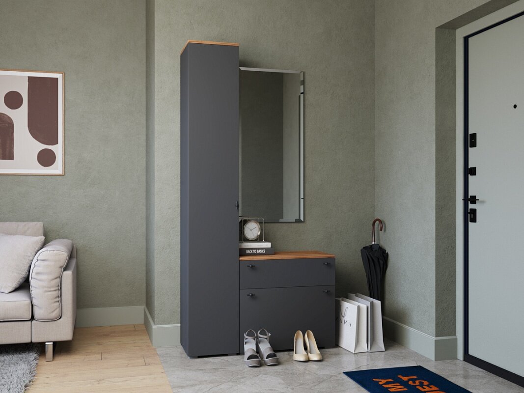 Прихожая МебельЛэнд24 Квели - 14 Графит 98x35x200 серый со шкафом с тумбой с 1 зеркалом