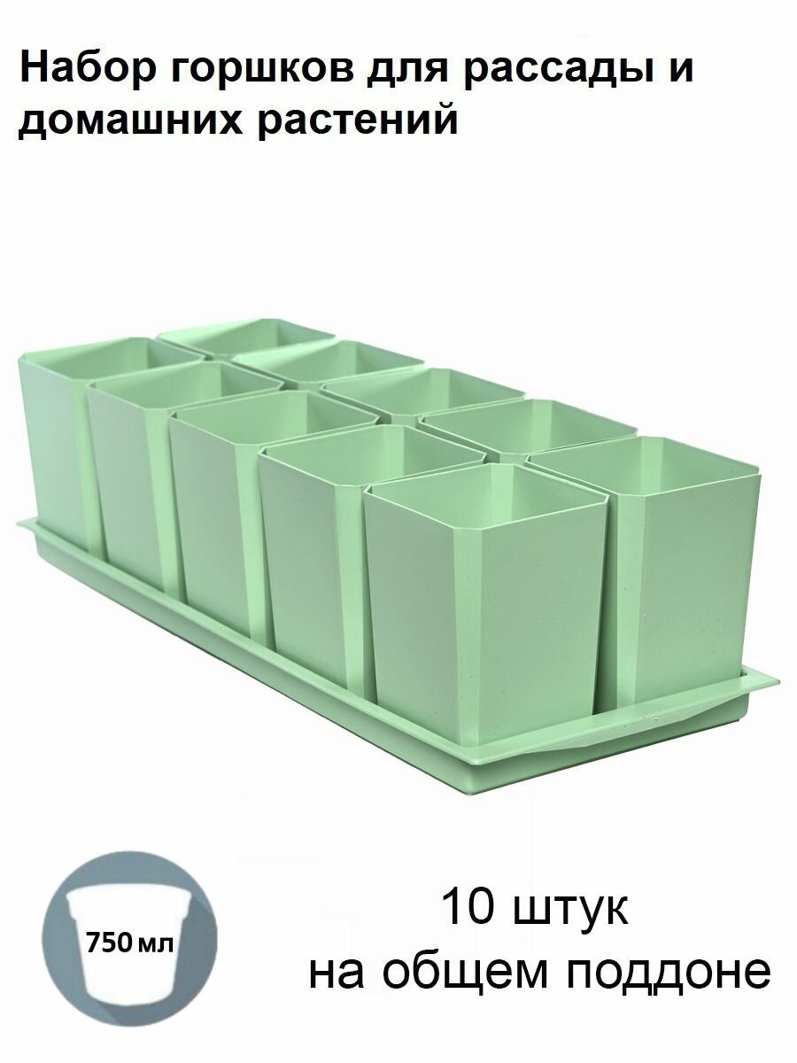 Горшки для рассады и цветов, горшок для цветов - 10 шт по 750 мл на общем поддоне, Мятный