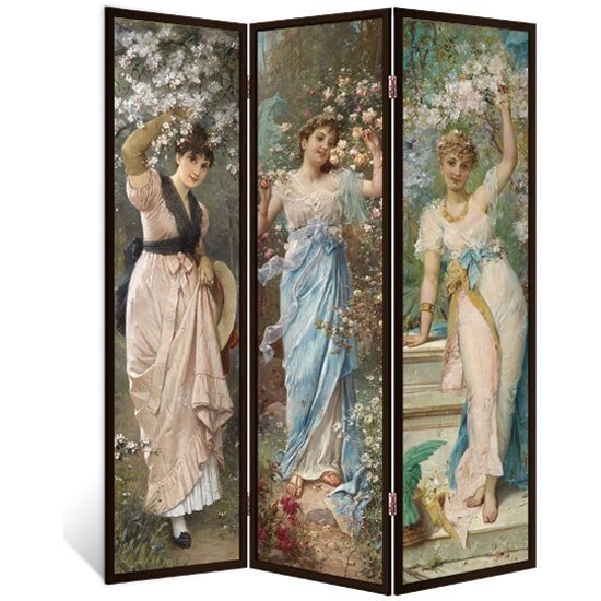Ширма перегородка Декор Депо для комнаты деревянная "Девицы-красавицы" двухсторонняя с картинкой (уют) 3 створки венге 176х140 см 11 кг