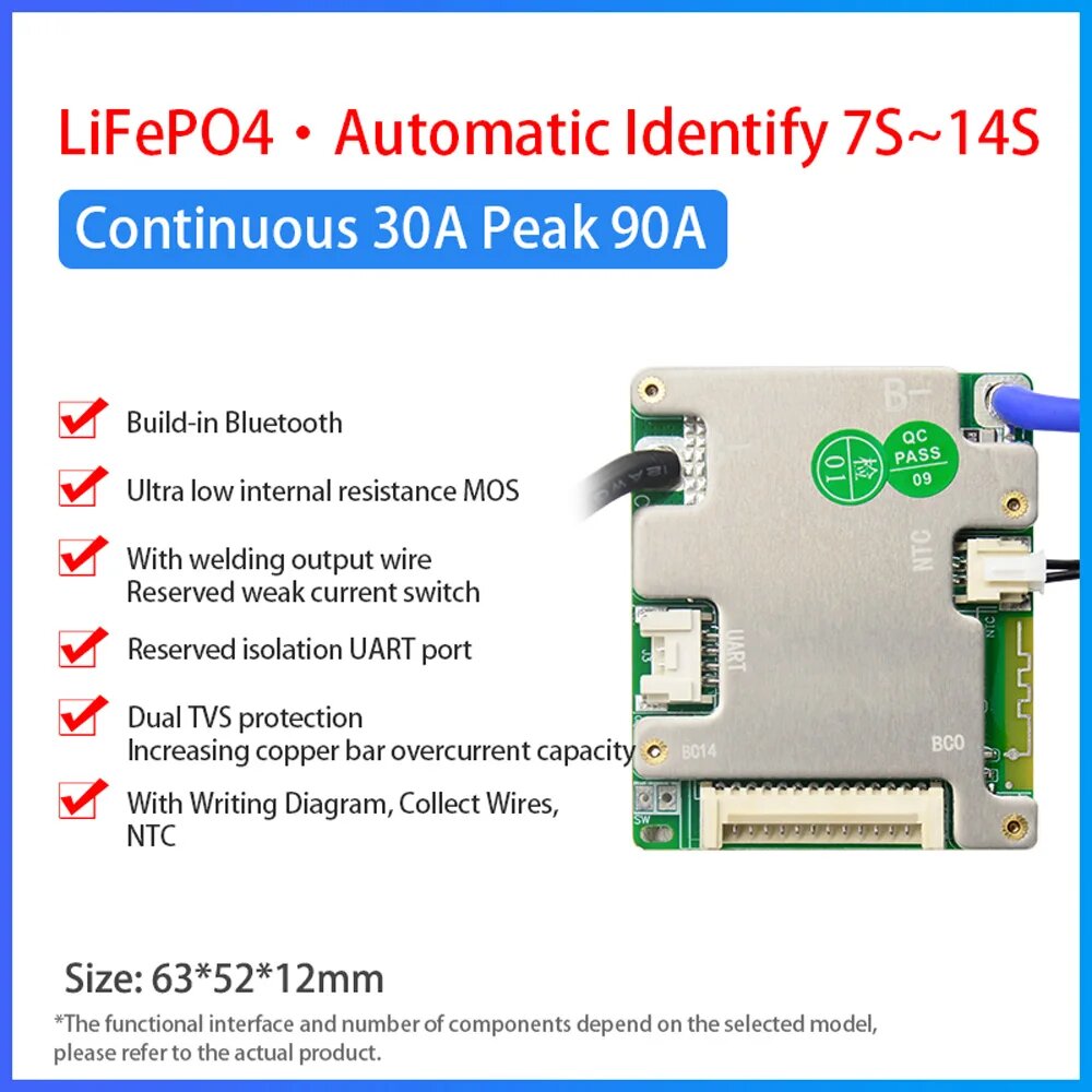 JiaBaiDa Smart BMS для литиевых аккумуляторов 7S-14S 3.2V LFP 30A