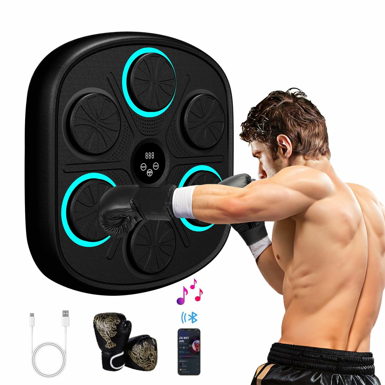 Music boxing machine, музыкальная боксерская груша, 9-скоростной режим переключения, функция подсчета ударов, обратная связь с подсветкой RGB, в перчатках