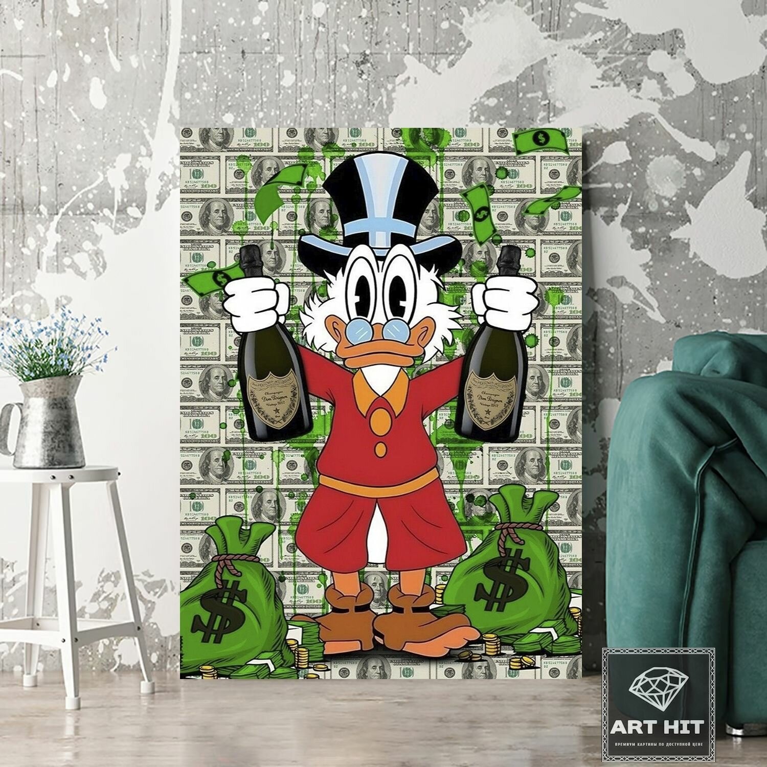 Картина Скрудж Макдак, Дональд Дак с деньгами, 50х70 см.