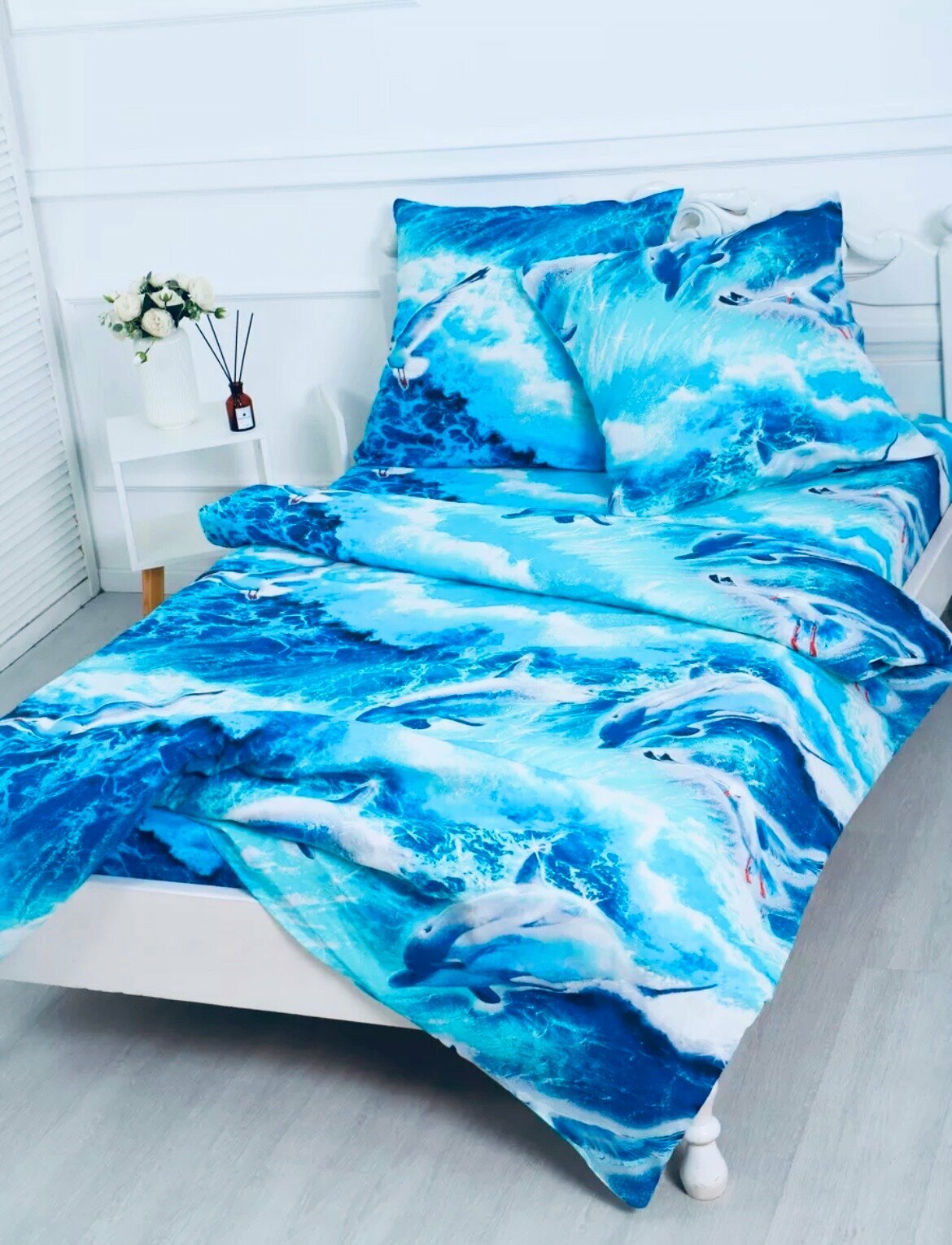 Комплект постельного белья "Море. Чайки. Дельфины", бязь, натуральный 100% хлопок, 1.5-спальное, производство РФ.