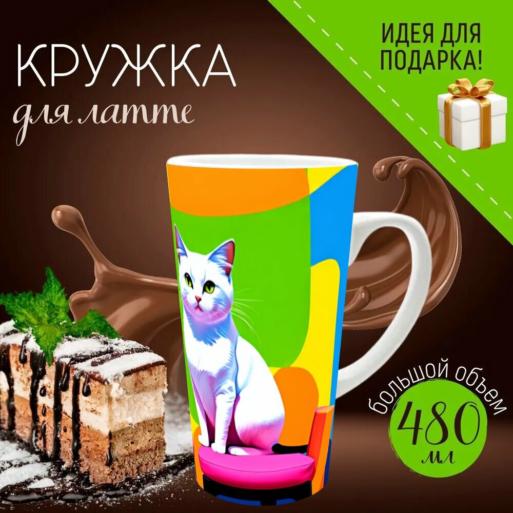 Кружка латте керамическая большая для чая и кофе с прикольным принтом "Стиль иллюстрация, акриловая живопись, Два стилизованных кота, один белый, другой черно-белый, сидят." 500 мл.
