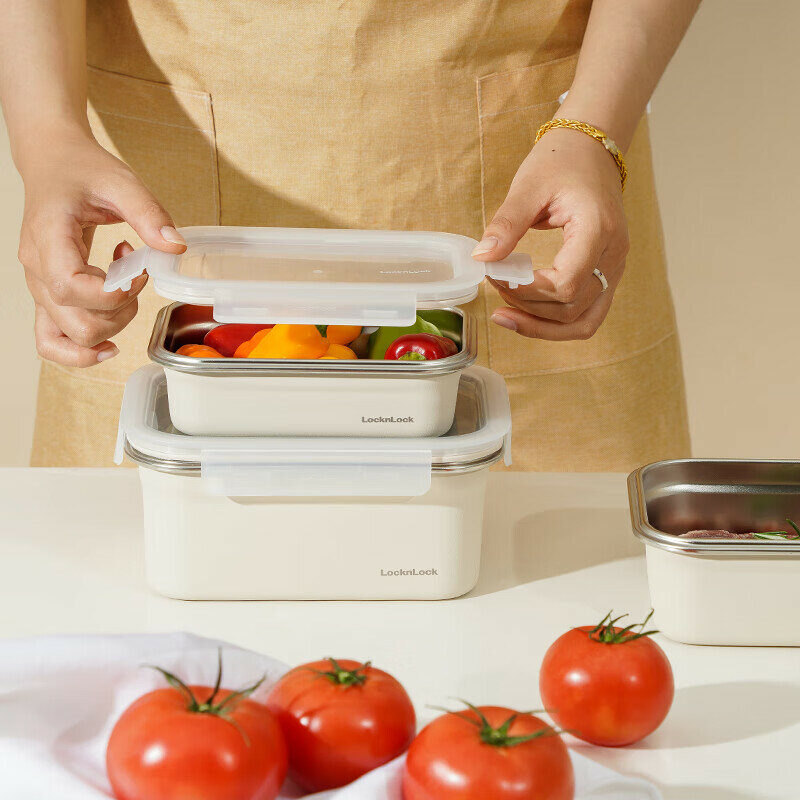 LOCK&LOCK Stainless Steel Food Storage Container, Airtight Refrigerator Kitchen Storage Box, Fruit Container for Students, Lunch Box, 500ml, Beige