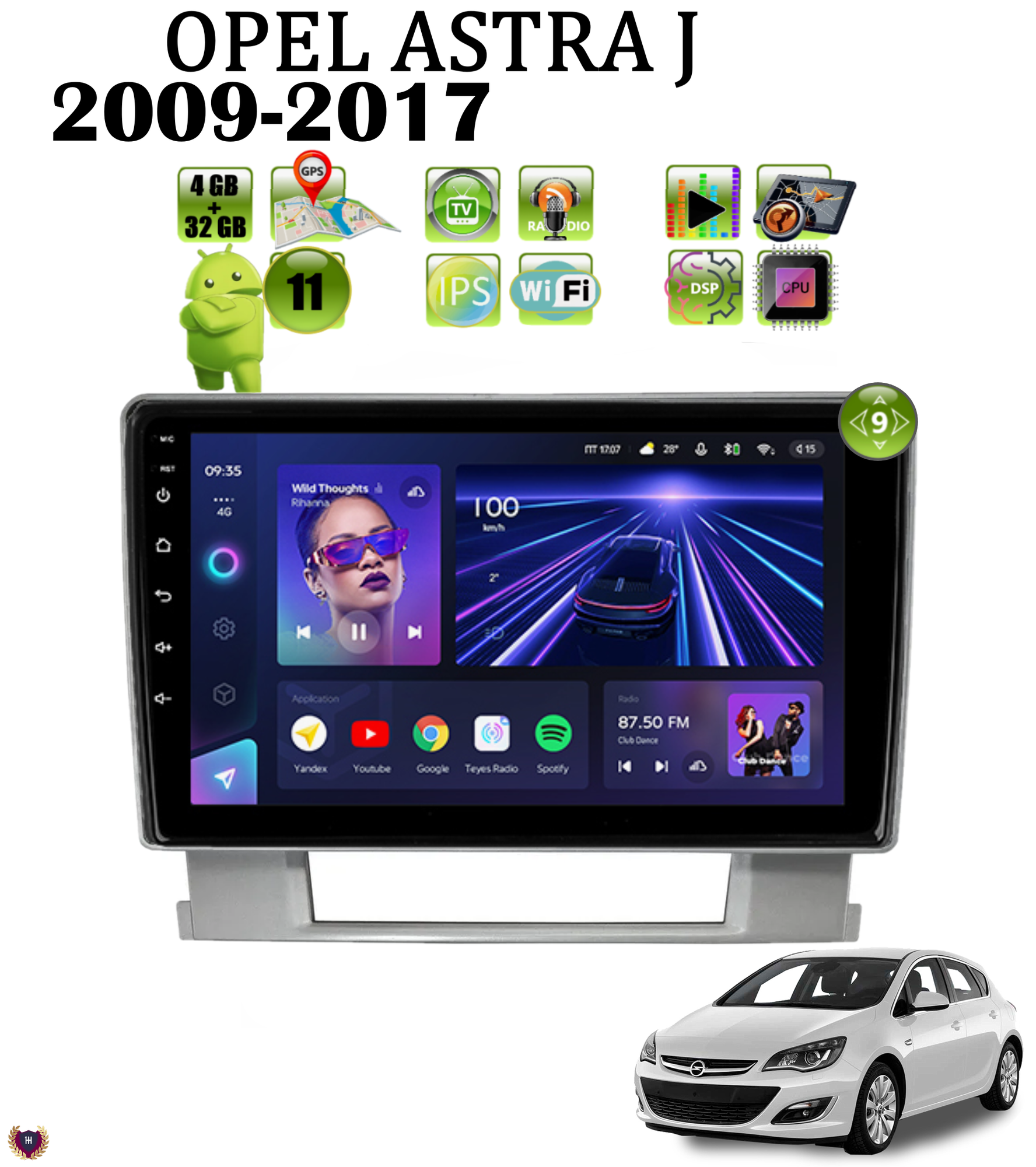 Автомагнитола для Opel Astra J (2009-2017) Опель Астра, Android 11, 4/32 GB, Bluetooth, WiFi, CarPlay, GPS, FM, разделение экрана, поддержка кнопок на руле, сенсорные кнопки