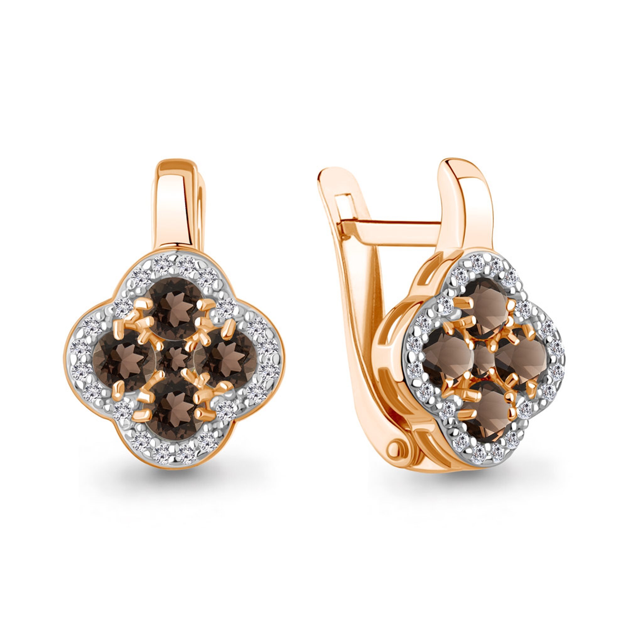 Серьги, серебро, 925 проба, золочение, кварц, фианит