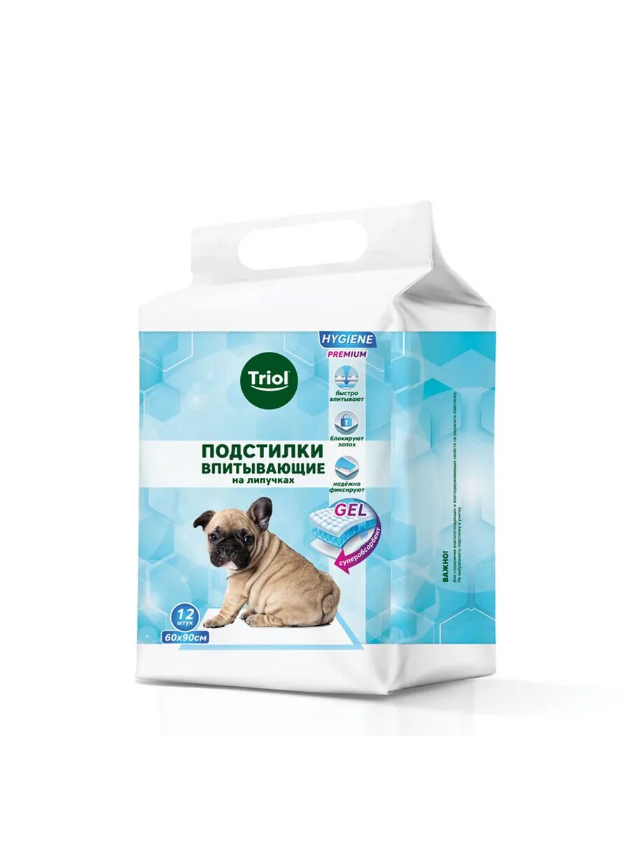 Пеленки впитывающие на липучках для кошек и собак, размер - 60 х 90 см, 12 шт/уп, Triol, серия HYGIENE, 30551007