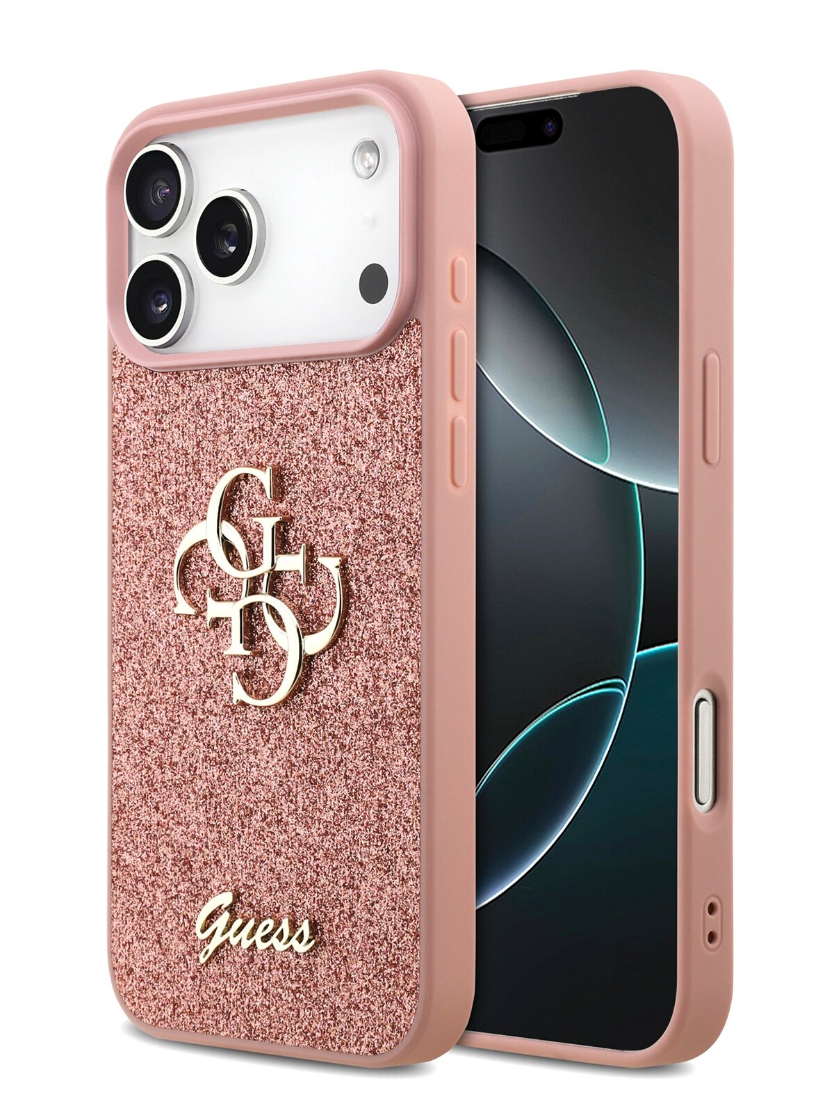 Guess чехол с блестками для iPhone 17 Pro Max, Fixed Glitters 4G Big metal logo, розовый
