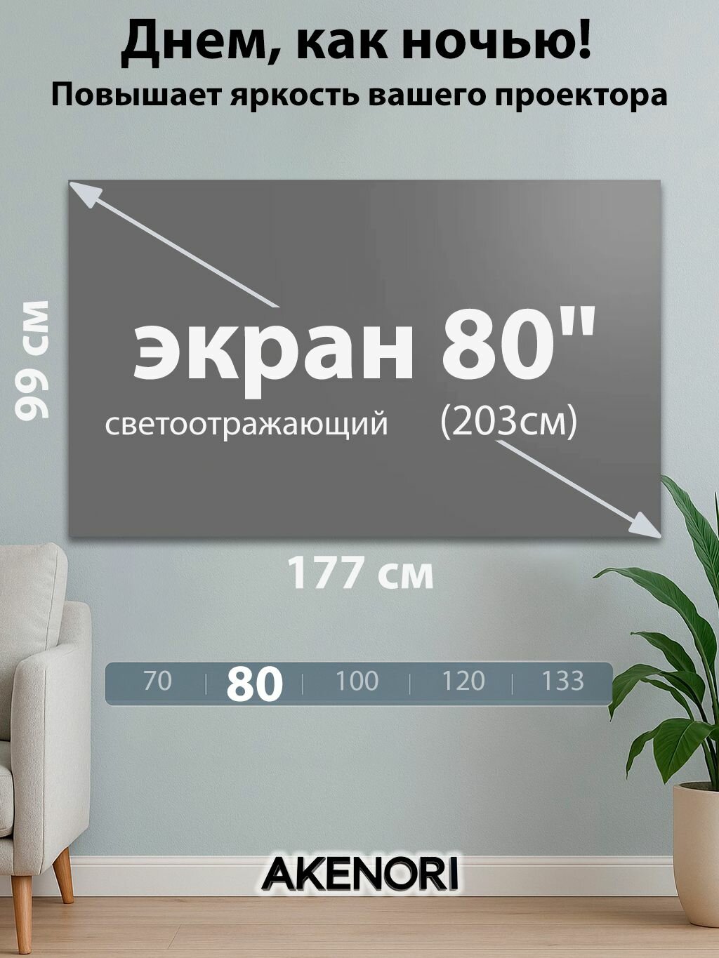 Экран для проектора светоотражающий серый Akenori 003D 80 дюймов 16:9 " липучки+пакет. Товар уцененный