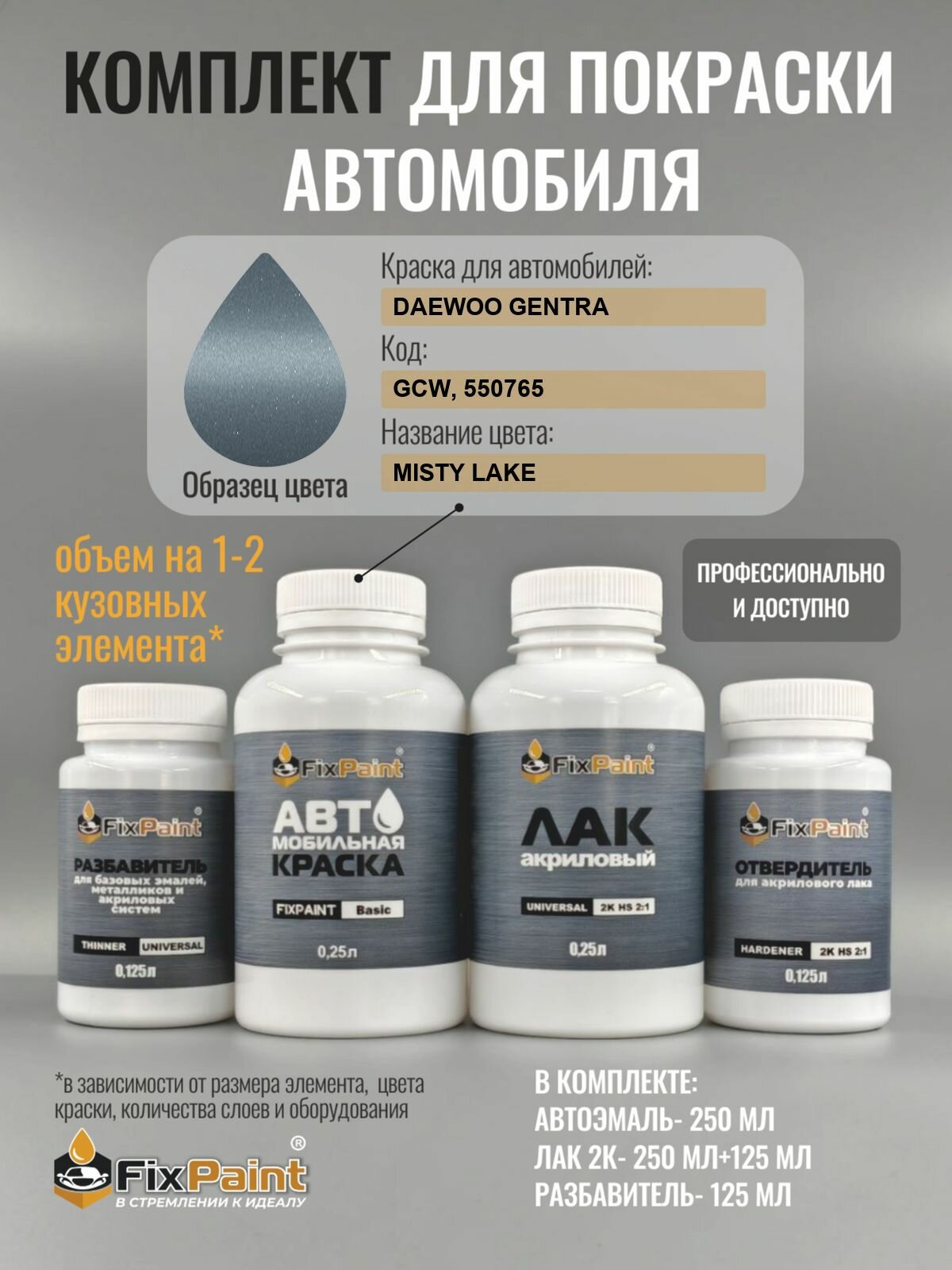 Комплект для покраски DAEWOO GENTRA, код GCW, 550765, MISTY LAKE, базовая автомобильная эмаль 250 мл, лак 2K 250 мл с отвердителем, разбавитель 125 мл, FixPaint Pro