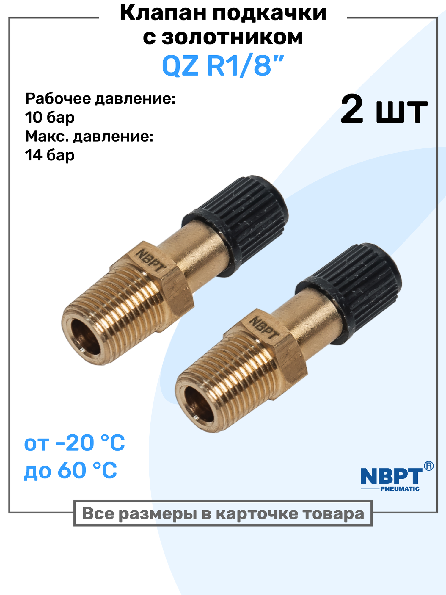 Клапан подкачки QZ 01 - R1/8", Ниппель с золотником, штуцер для подкачки, NBPT, Набор 2шт