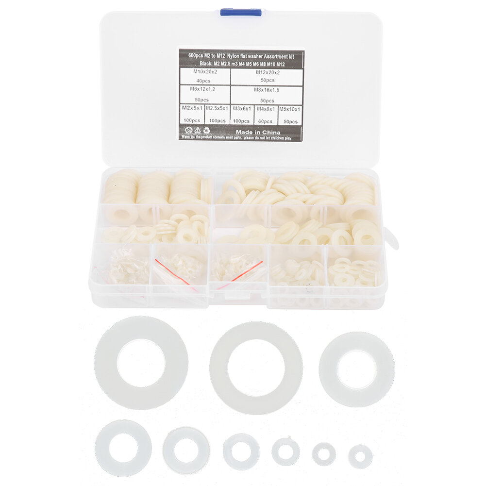 600Pcs Flat Washer 9 Sizes White Nylon Gasket Assortment Kit Fastener Hardware Tools M2-M12