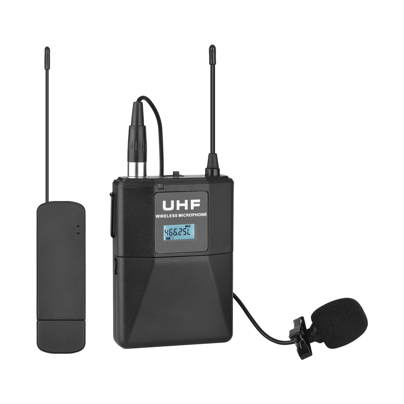 Система беспроводного микрофона UHF лавального накладного с 1 передатчиком в корпусе, 1 приемником с USB разъемом и портом 3.5mm, рабочим расстоянием 30 метров, совместимая с камерой, видеокамерой, компьютером для видеозаписи, черный цвет, конденсорный