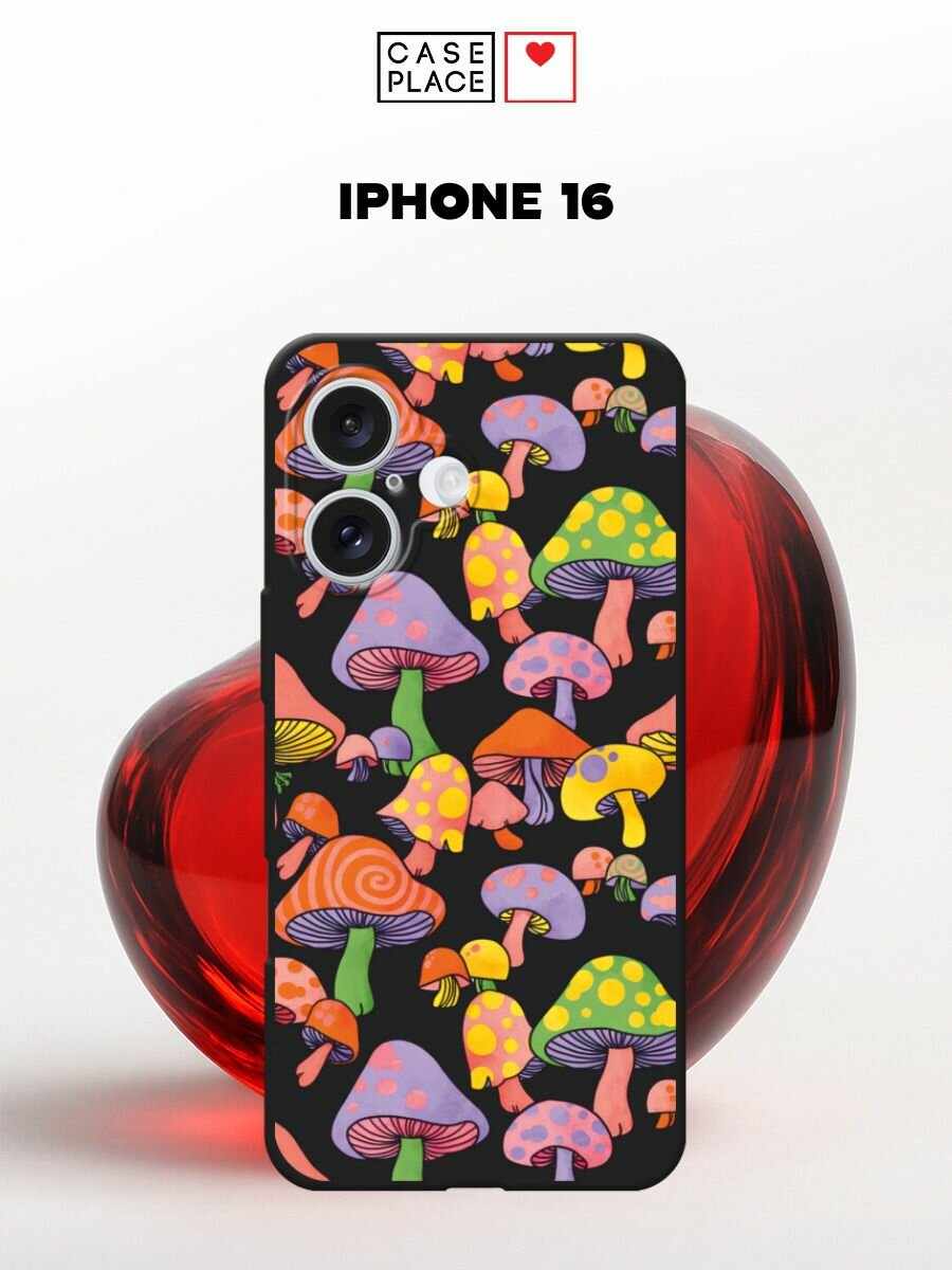 Черный матовый чехол на Apple iPhone 16 / Айфон 16 с принтом Цветные грибы