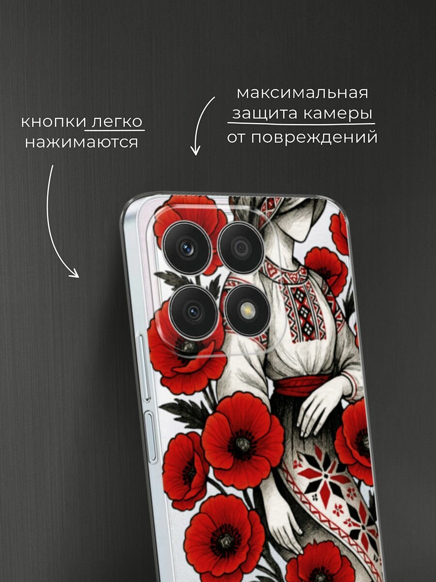 Чехол на Honor X8A / Хонор X8A с принтом Маки и девушка, прозрачный — фото 1