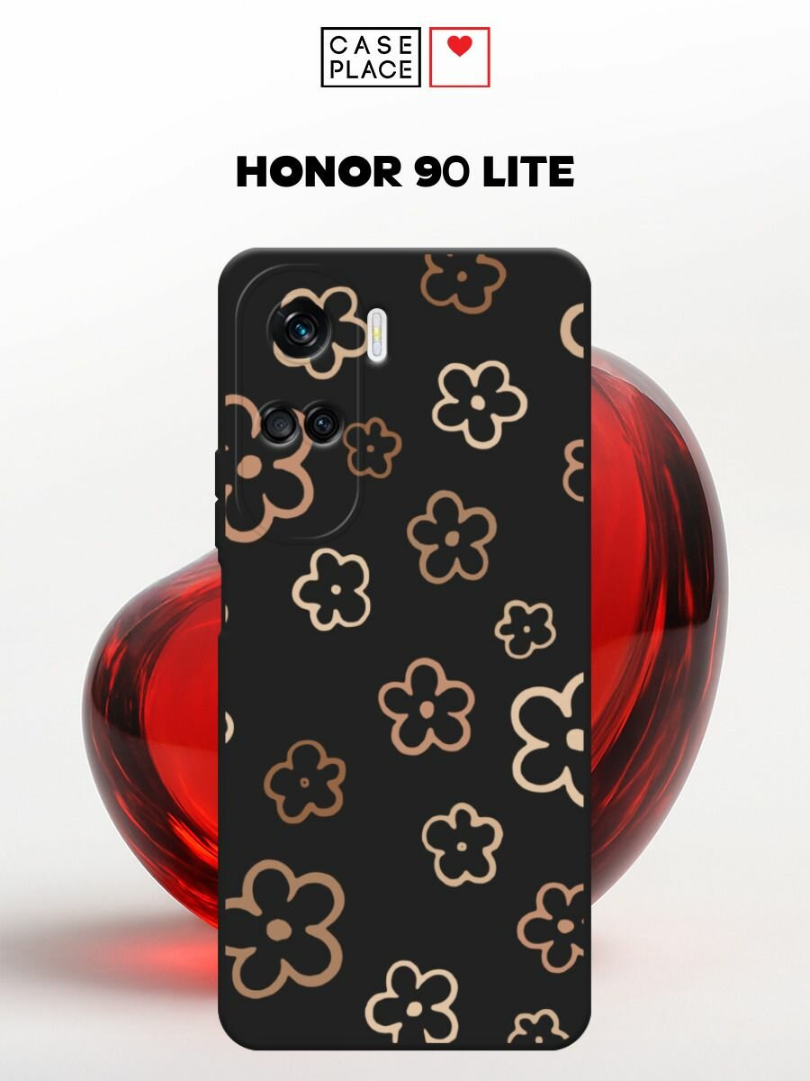Черный матовый чехол на Honor 90 Lite / Хонор 90 Лайт с принтом Цветы контур