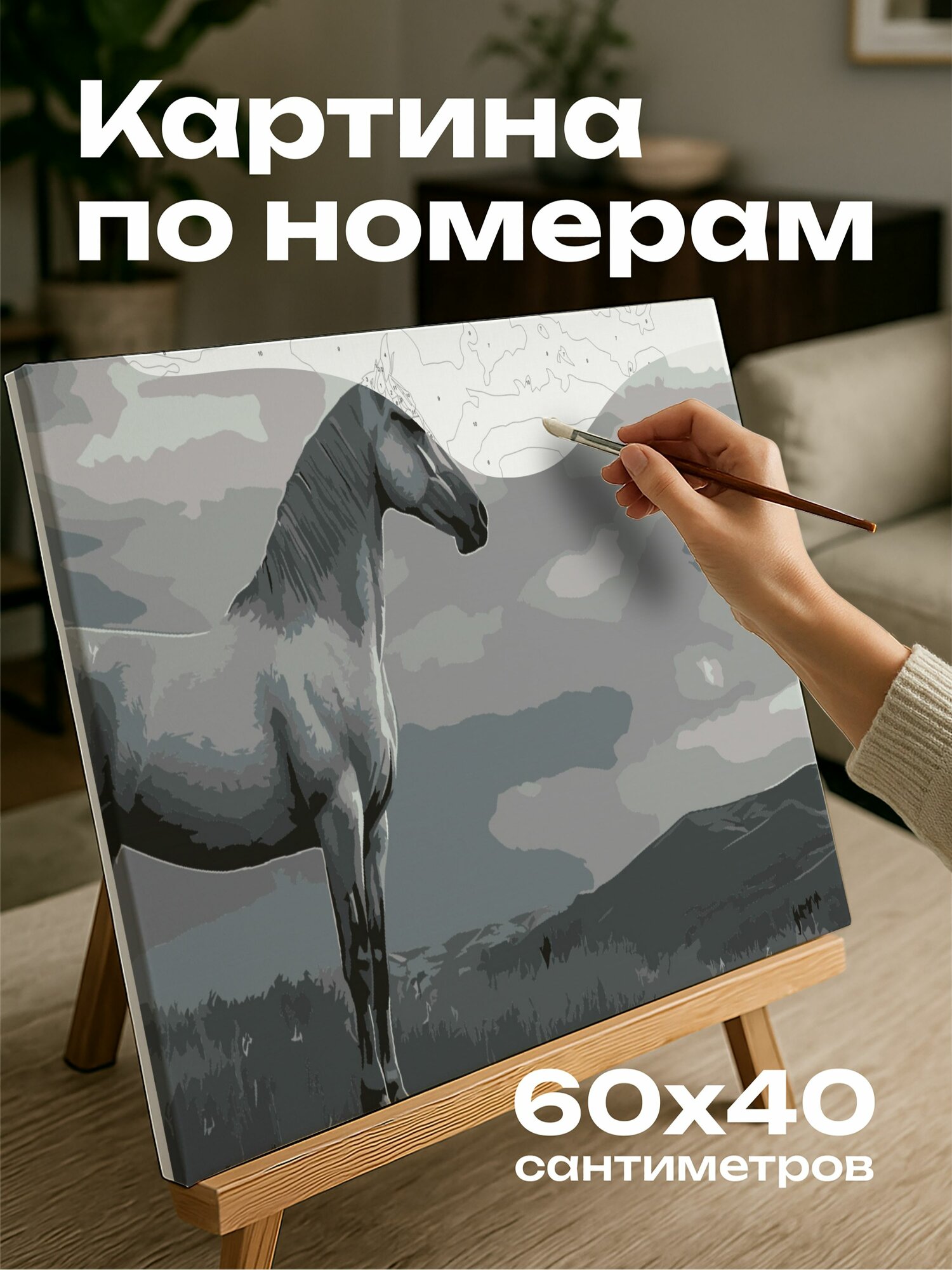 Картина по номерам 60x40 см, лошадь, арабская, царственная поза, холмы, небо, облака, грация, красота, ISO 100