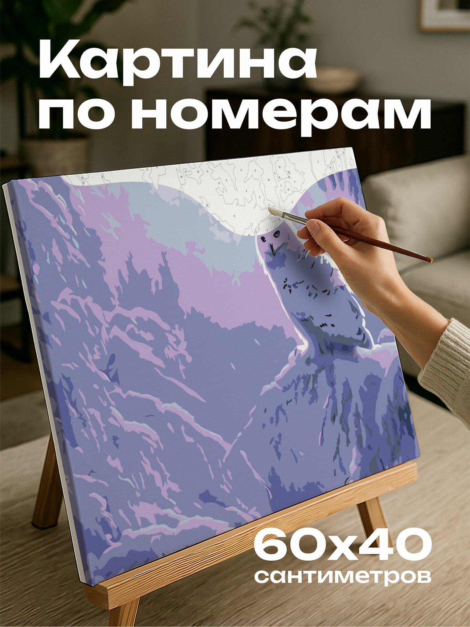 Картина по номерам 60x40 см, сова, заснеженный лес, сумерки, иней, ветка, цифровая картина, зимний пейзаж, видео