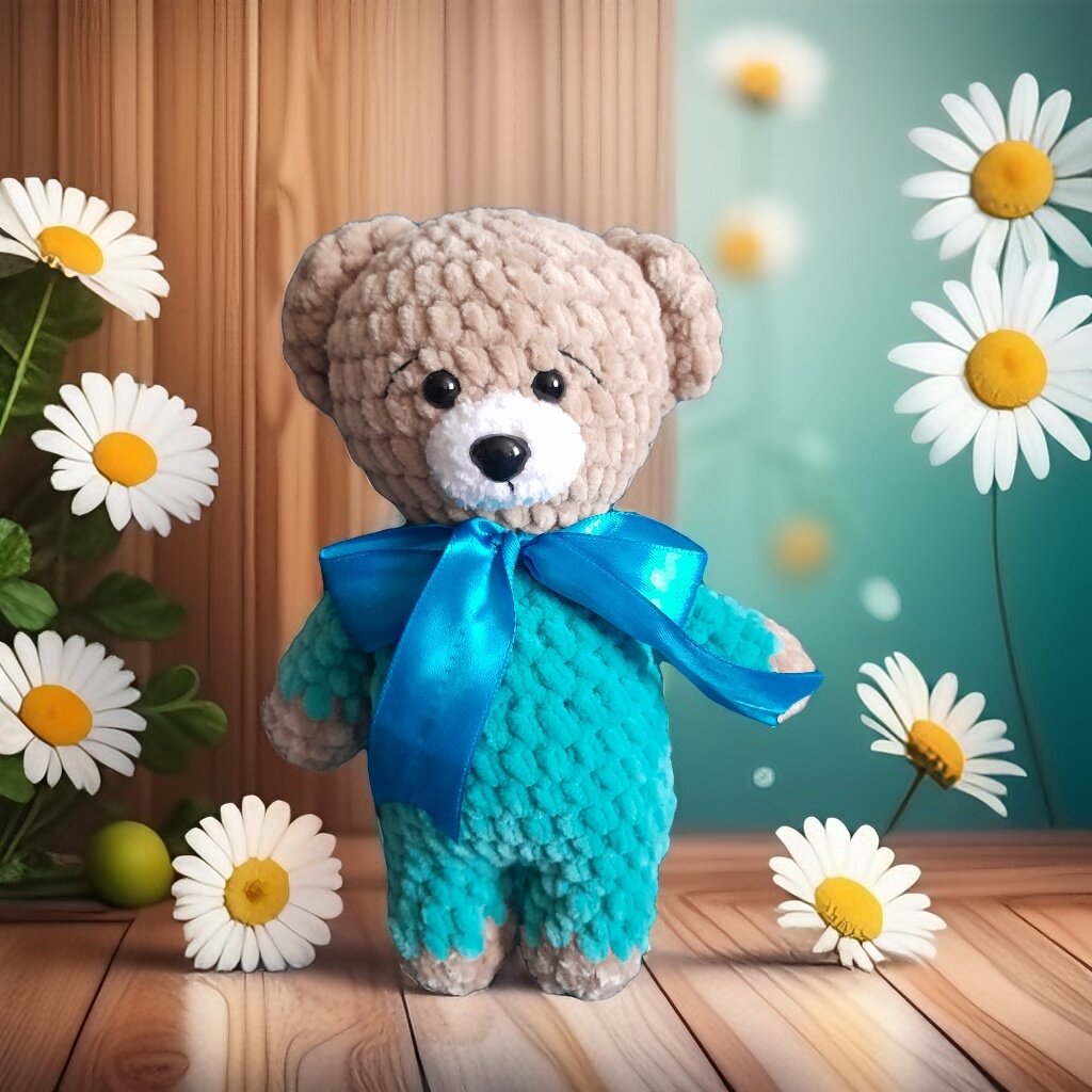 Игрушка вязанная "Мишка в пижаме", бирюзовая, ручная работа, 23 см