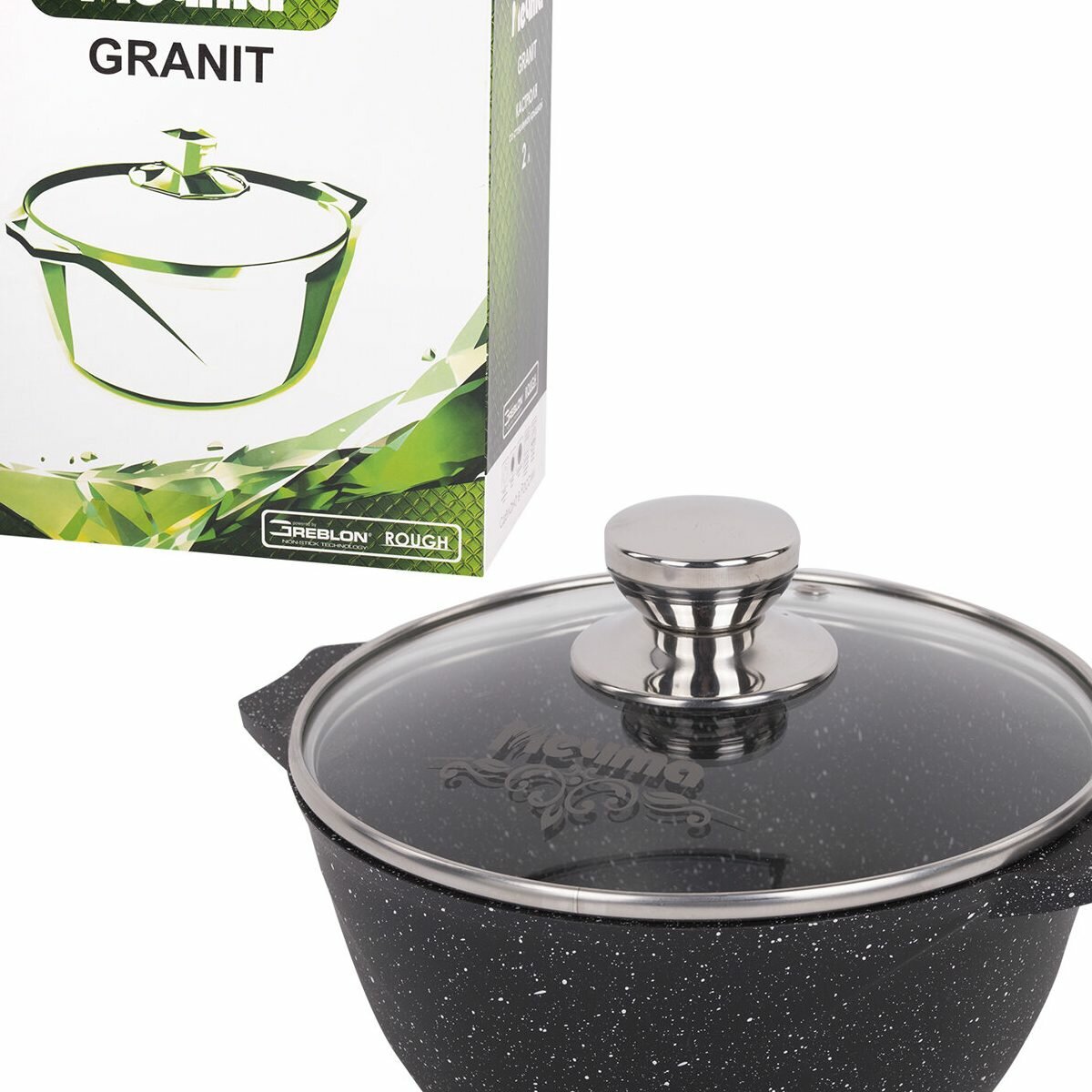 Кастрюля 2л с жаропрочной крышкой 20см, антипригарное покрытие, мечта "Гранит Black" (42802)