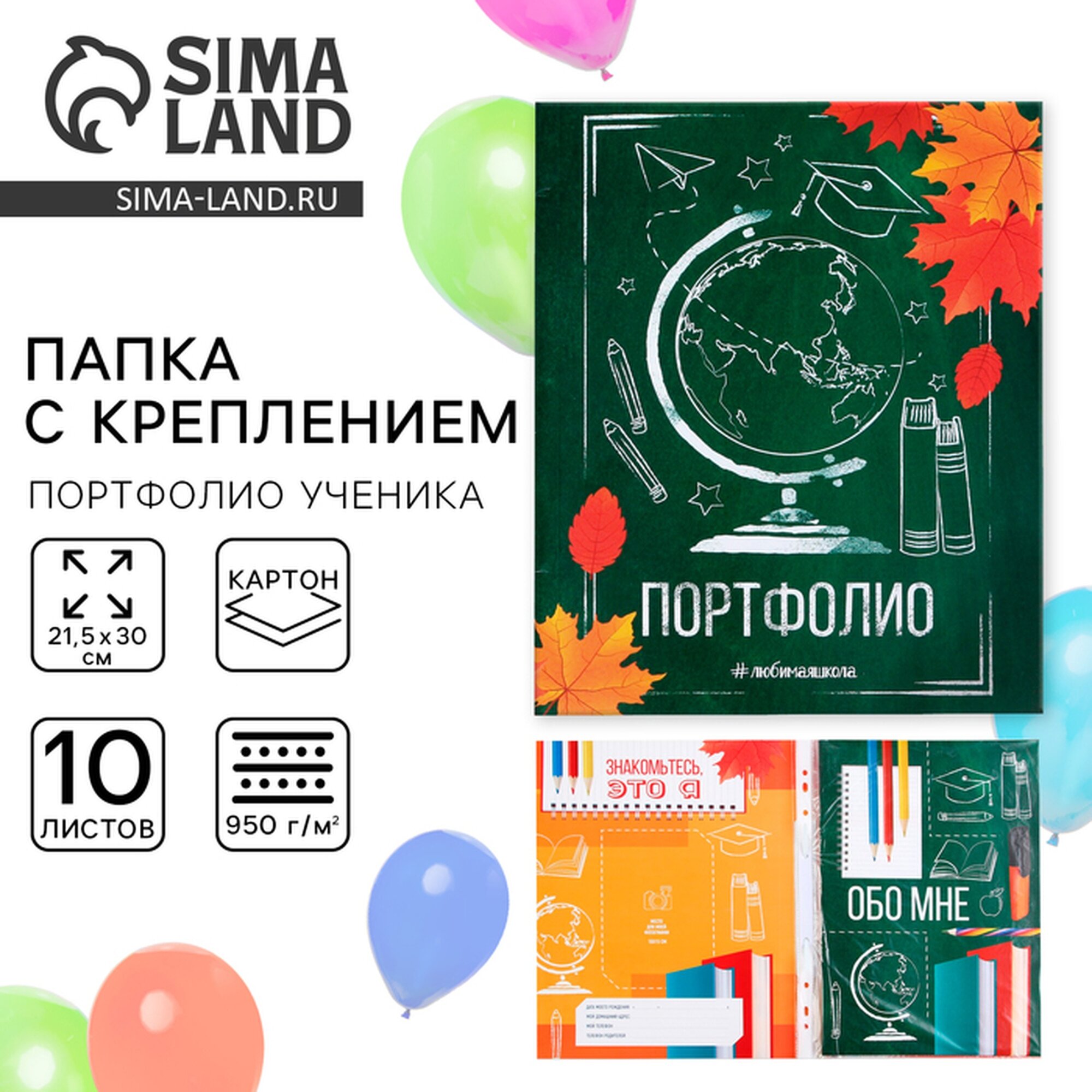 Портфолио в папке с креплением "Школьника", 10 листов, глубус, 21,5х30 см 9351442