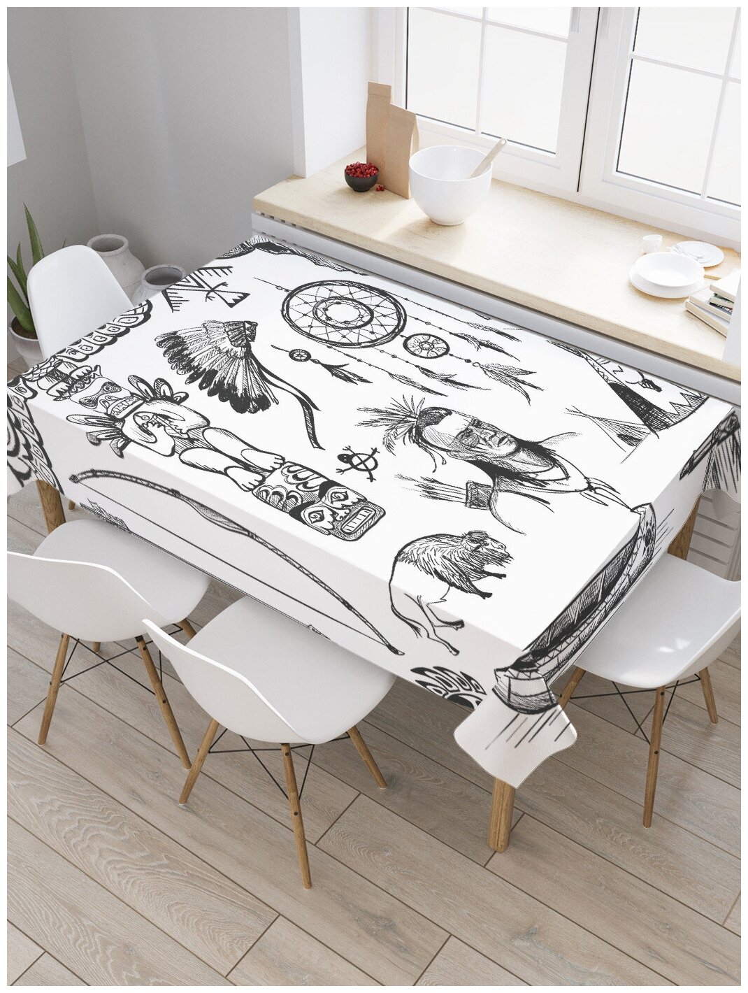 Прямоугольная тканевая скатерть на стол с рисунком "Индейские атрибуты" 120 на 145 см, JoyArty