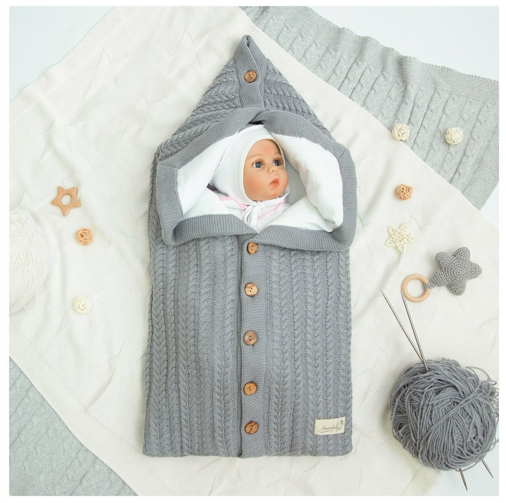 Конверт Amarobaby Pure Love Snap вязаный утепленный на выписку, серый, 75 см.