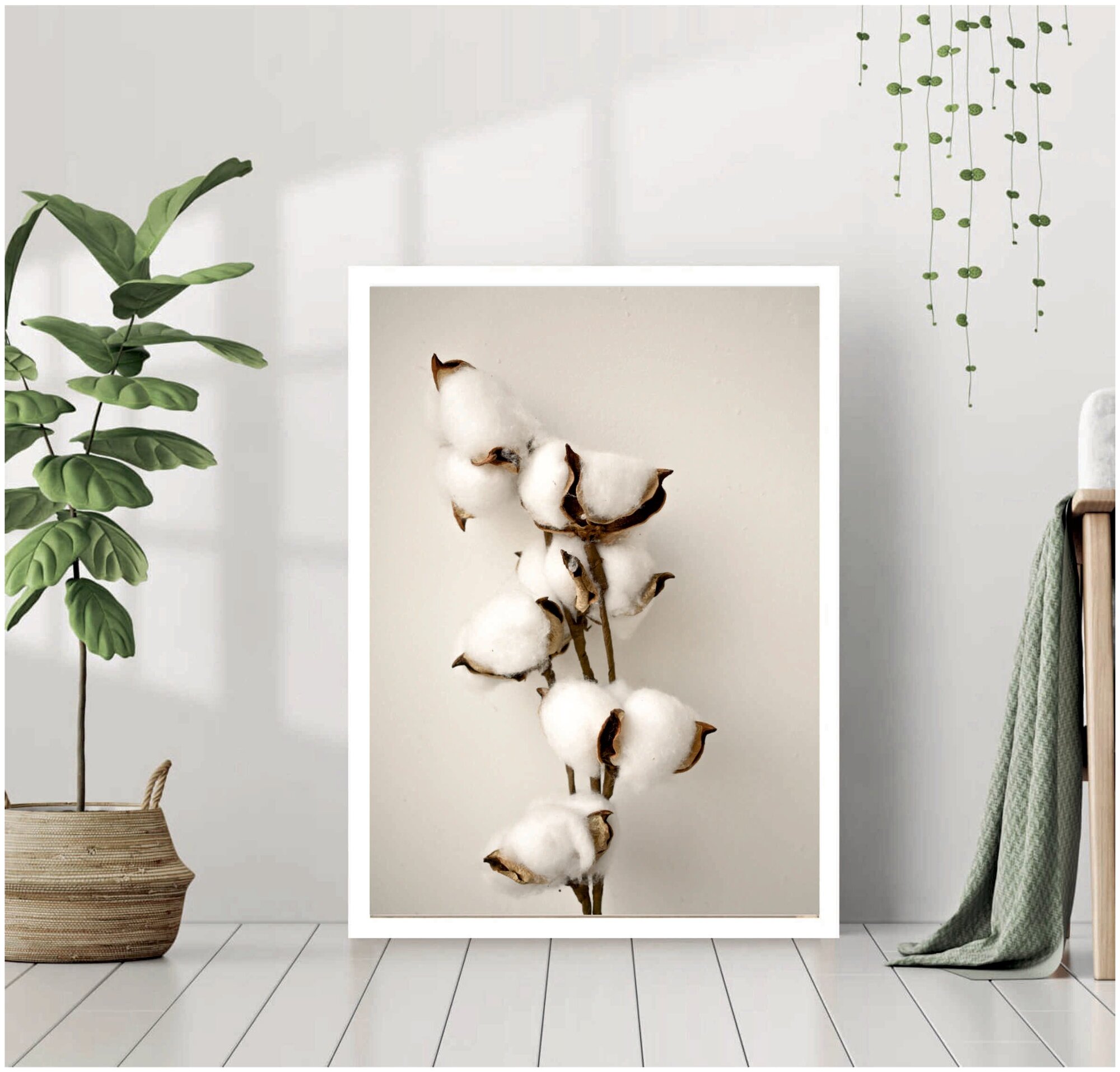 Постер "Ветка хлопчатника" 40x50 в белой рамке на стену для интерьера