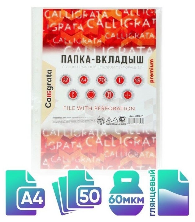 Файл-вкладыш А4, 60 мкм, Calligrata, плотные, глянцевый, вертикальный, 50 штук