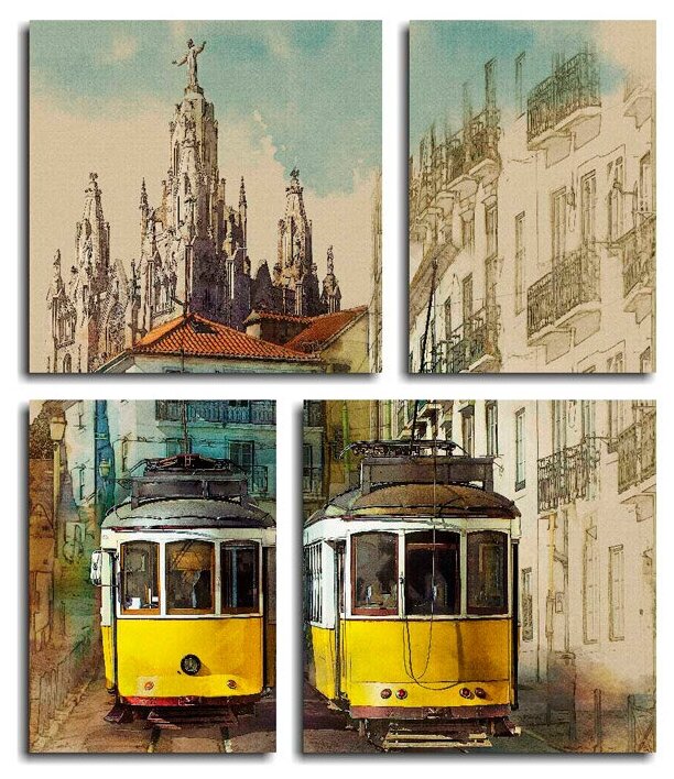 Модульная картина Трамвай, Старая Европа 116х63 см