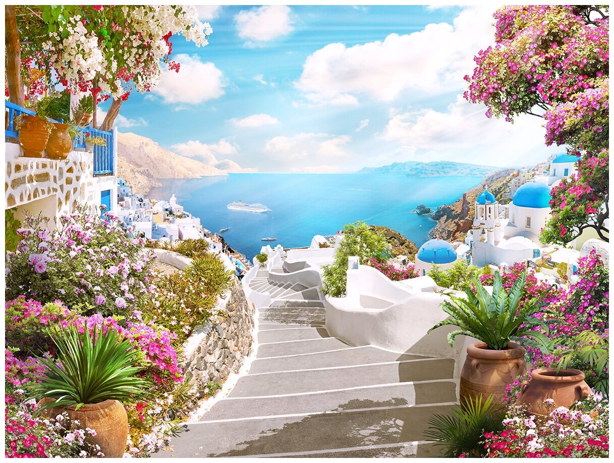 Фотообои Уютная стена "Белоснежный Санторини" 360х270 см Виниловые Бесшовные (единым полотном)