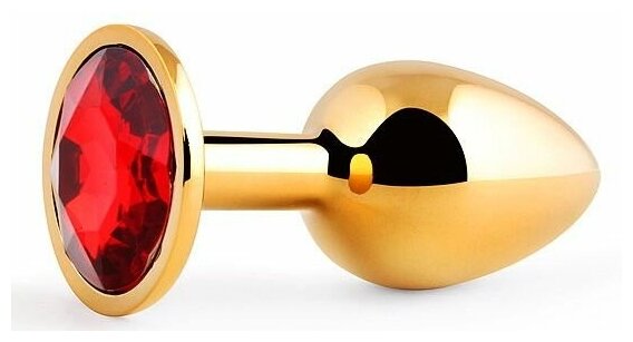 Золотистая анальная пробка с красным стразом - 7,2 см.