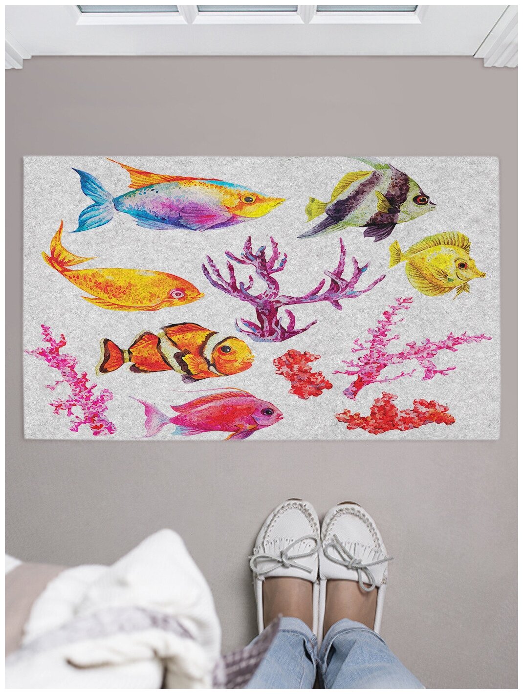 Коврик придверный в прихожую с принтом "Рыбы в кораллах" 45 на 75 см , JoyArty