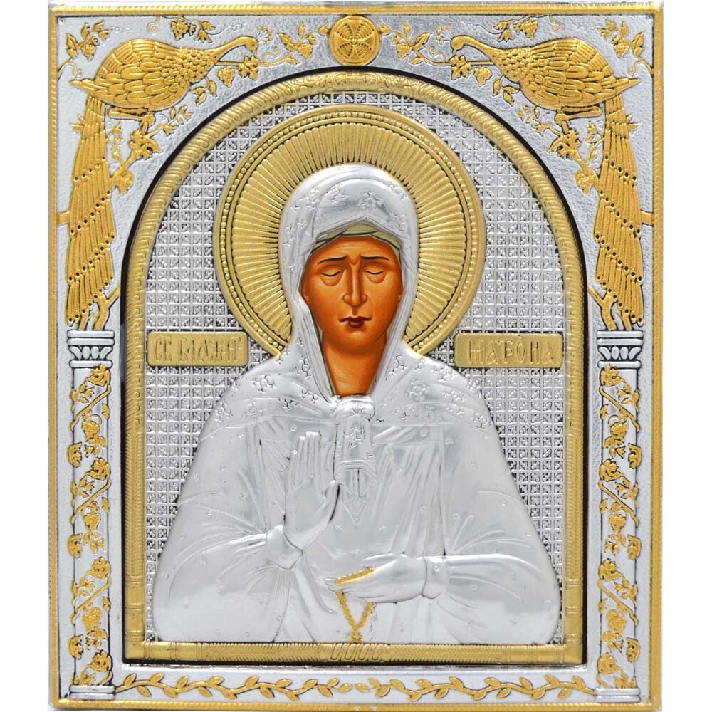 Матрона Московская. Икона в серебряной античной ризе. (15 х 18 см / С позолотой на серебряном окладе)