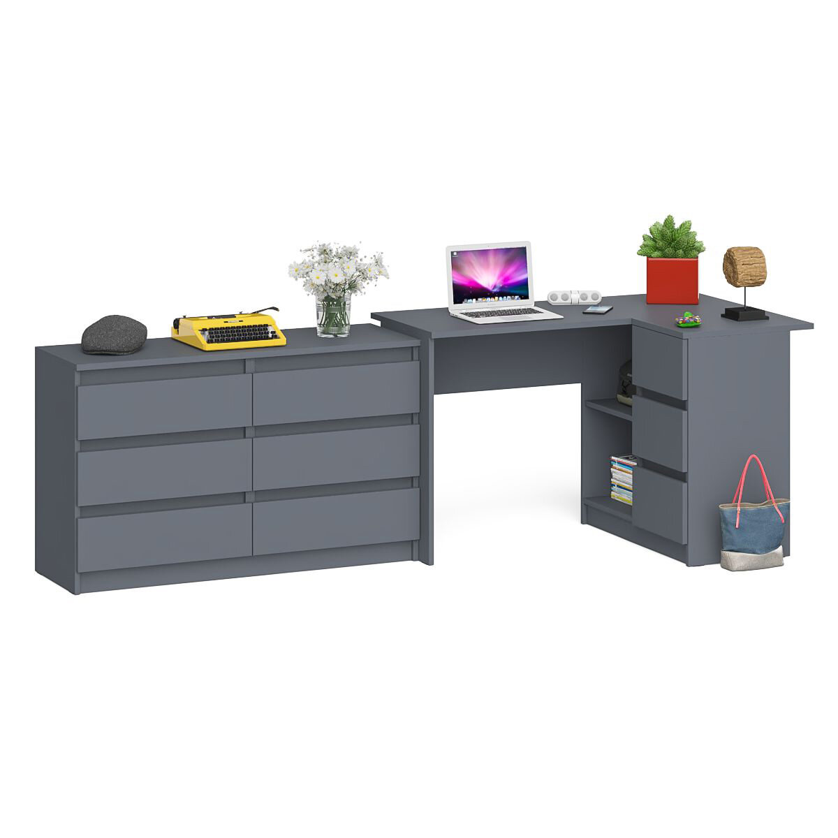 Комод СВК Мори 1200 6 ящиков и компьютерный угловой стол правый цвет графит, 244,8х84,9х76,6 см.