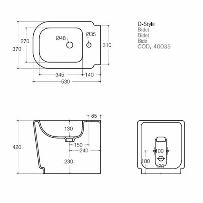 Ceramica althea d-style биде напольное с 1отв. под смеситель, слив в стену белый 530 370 420 40035bi 1 40035bi*1