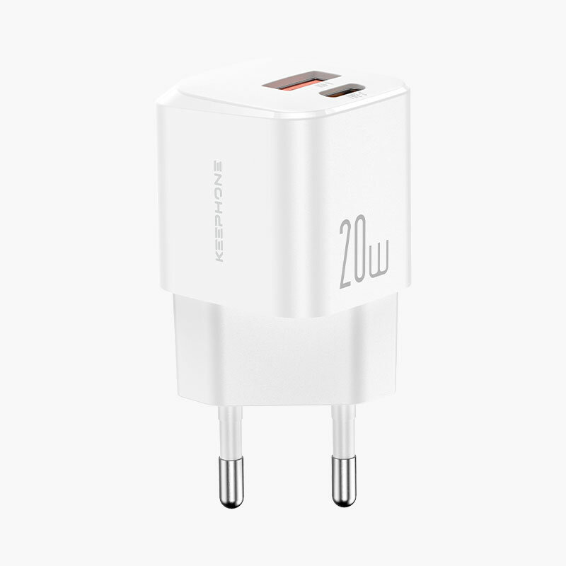 Быстрая зарядка Type-C - USB-A Keephone мощностью 20W. Адаптер питания для 2 устройств, защита от перенапряжения-белая