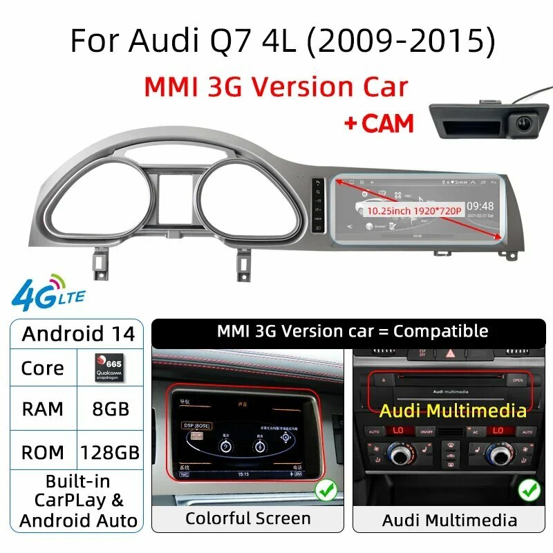 Android 14, автомобильный радиоприемник, экран Carplay для Audi Q7 4L 2005-2015 MMI 2G 3G GPS Navi с задней камерой, автомобильный мультимедийный DSP Q8G128 MMI 3G 09-15