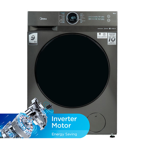 Стиральная машина Midea MF200W90WB/T-C, загрузка 9 кг, 1400 об/мин, 14 программ, инвертор, паровая обработка, Wi-Fi, серый