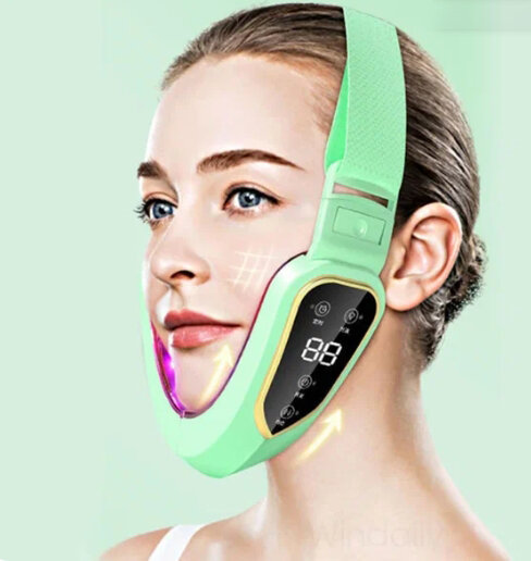 Вибромассажер для улучшения овала лица с вибрацией и светотерапией. Массажер от второго подбородка и отеков с 12 уровнями микровибрации розовый