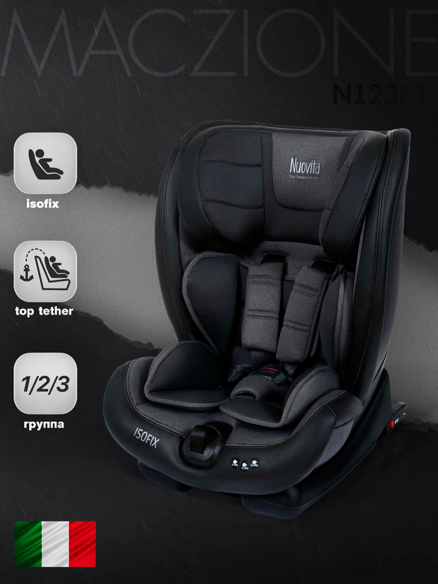 Автокресло детское с креплением Isofix Nuovita Maczione N123i-1/Группа: 1/2/3 – от 9 мес до 12 лет, вес 9-36 кг Чёрный