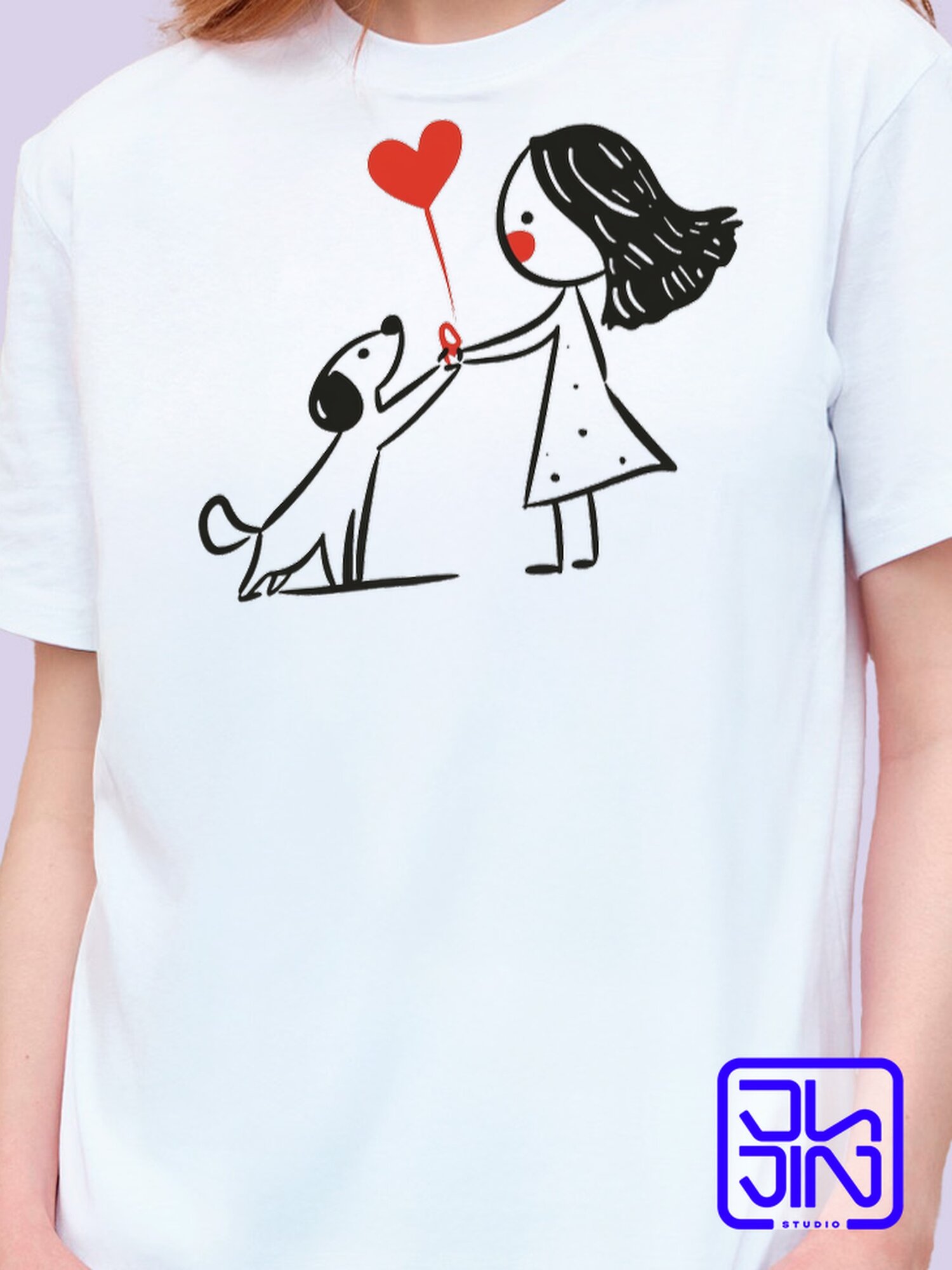Футболка классическая женская с авторским принтом Минималистичная черно-белая графитовая девочка с собакой и красным сердцем, белый хлопковый трикотаж с прикольным рисунком на груди