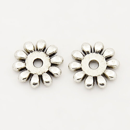 Бусина металлическая, 10х2мм, рондель Ромашка, базовый материал - цинковый сплав, стиль тибетское серебро, 10 грамм