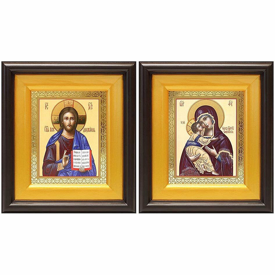 Венчальная пара "Спаситель-Владимирская" (лики № 001-011), две иконы в широких деревянных киотах 16,5*18,5 см