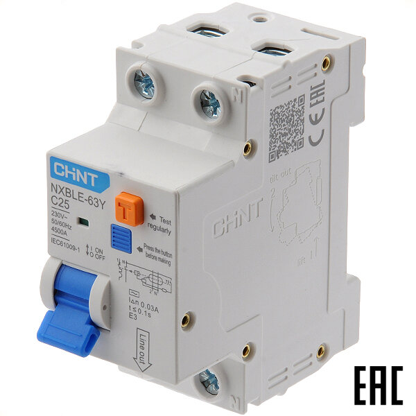 Дифф. автомат CHINT NXBLE-63Y 105544 (тип АС) 25А-30мА 230В 1P+N 2мод. 4,5кА хар-ка С