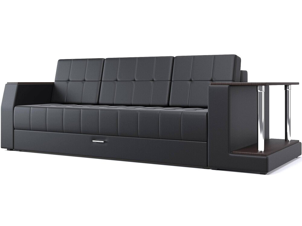 Прямой диван Атлант со столиком Черный Экокожа Правый, еврокнижка, 255х101х85 см, с ящиком для белья